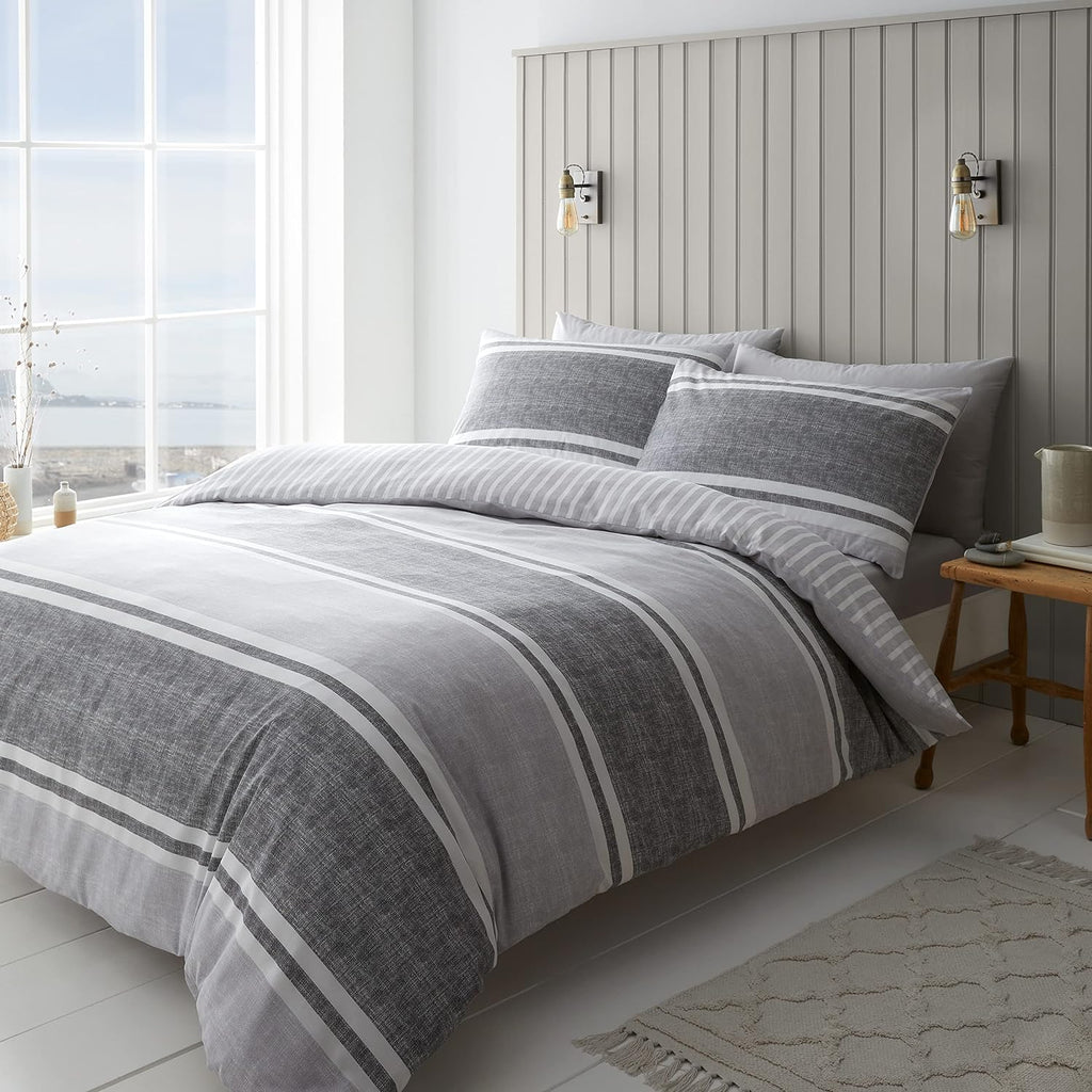 CATHERINE LANSFIELD Textured Banded Stripe Duvet Cover Set - Grey – The ...