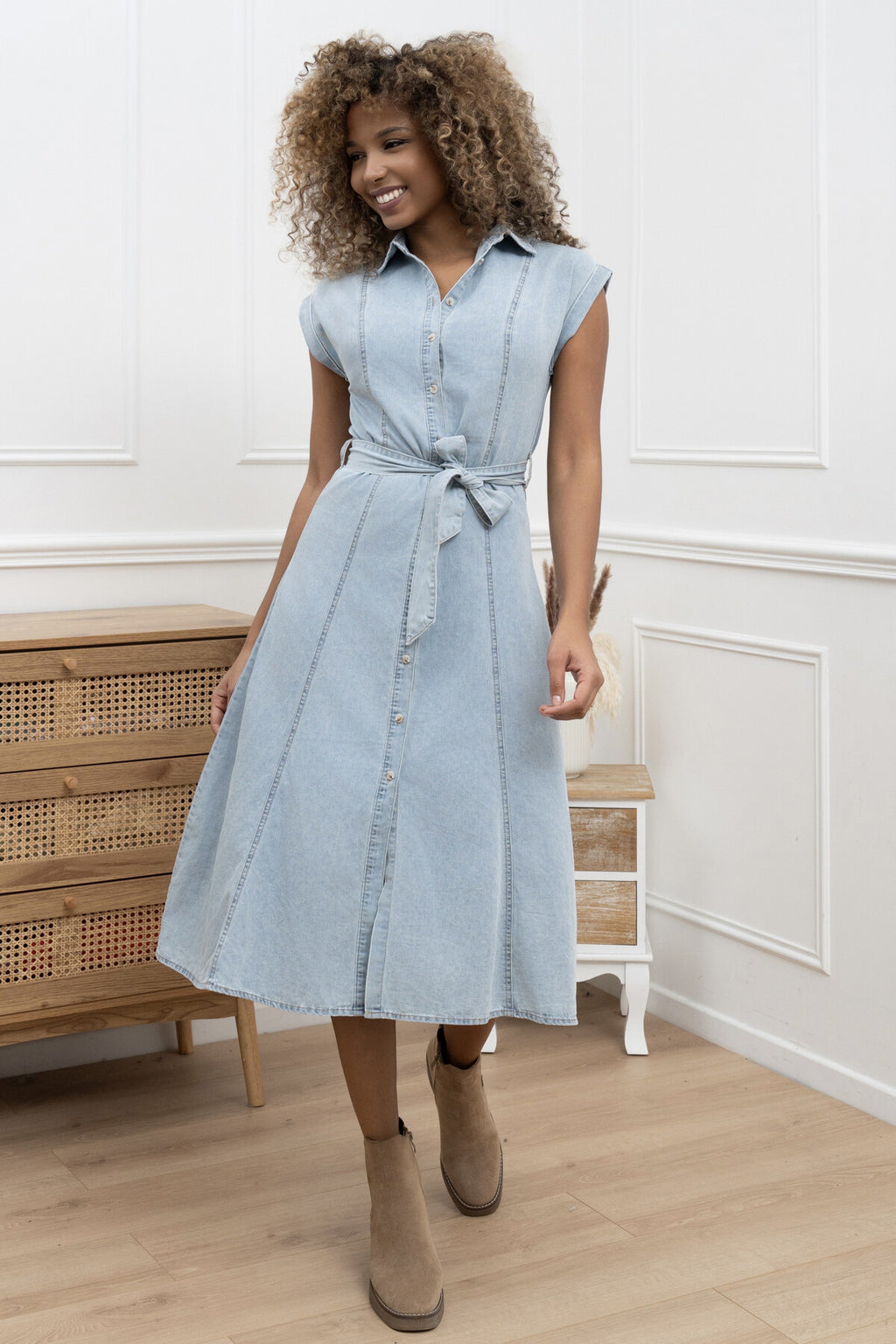 COPE CLOTHING Denim Belted Dress - Light Blue – The Cope